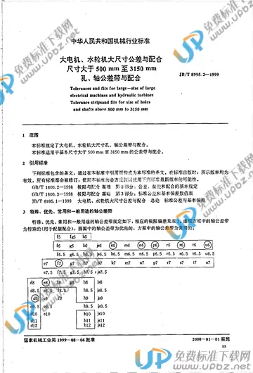 免费下载 JB/T 8995.2-1999 大电机、水轮机大尺寸公差与配合 尺寸大于500mm至3150mm孔、轴公差带与配合_标准下载-UPBZ免费标准下载网-www.upbz.net