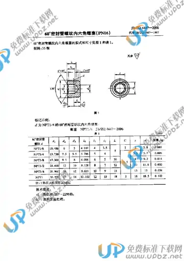免费下载 JB/ZQ 4447-2006 60°密封管螺纹内六角螺塞(PN16)_标准下载-UPBZ免费标准下载网-www.upbz.net